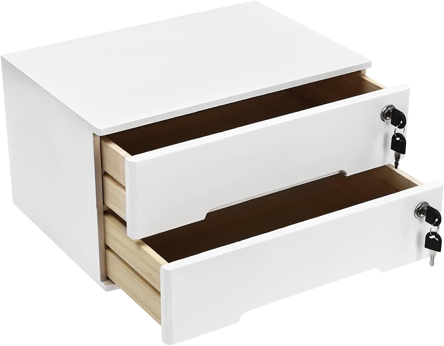 2-Tier Wooden Desktop Storage Box with Lockable Drawers, Flat File ...