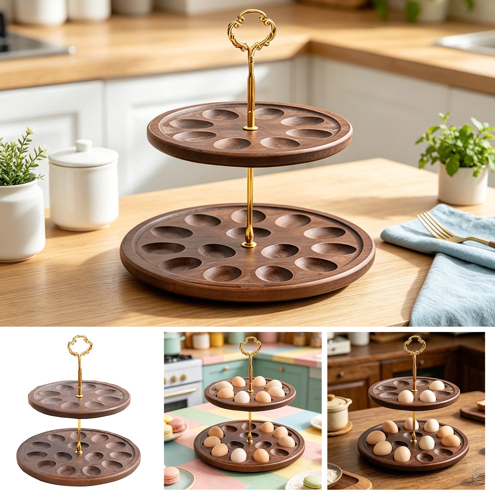 2 Tier Wooden Deviled Egg Platter, Tongs Reversible Serving Plate ...