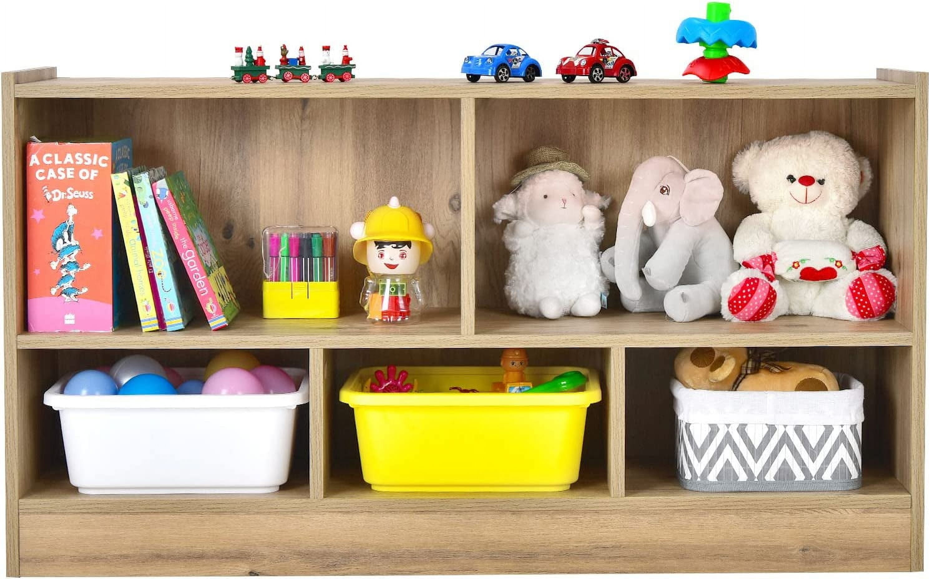 2 Tier Wooden Kids Toy Organizer, Book Shelf with 5 Cubicles, Toddler ...