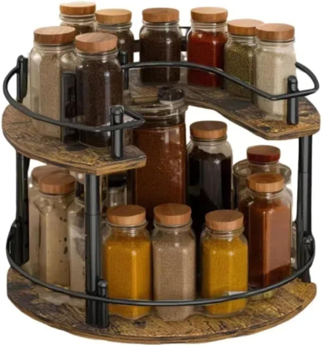 2-Tier Wooden Lazy Susan Organizer - Rotating Turntable for Spices ...