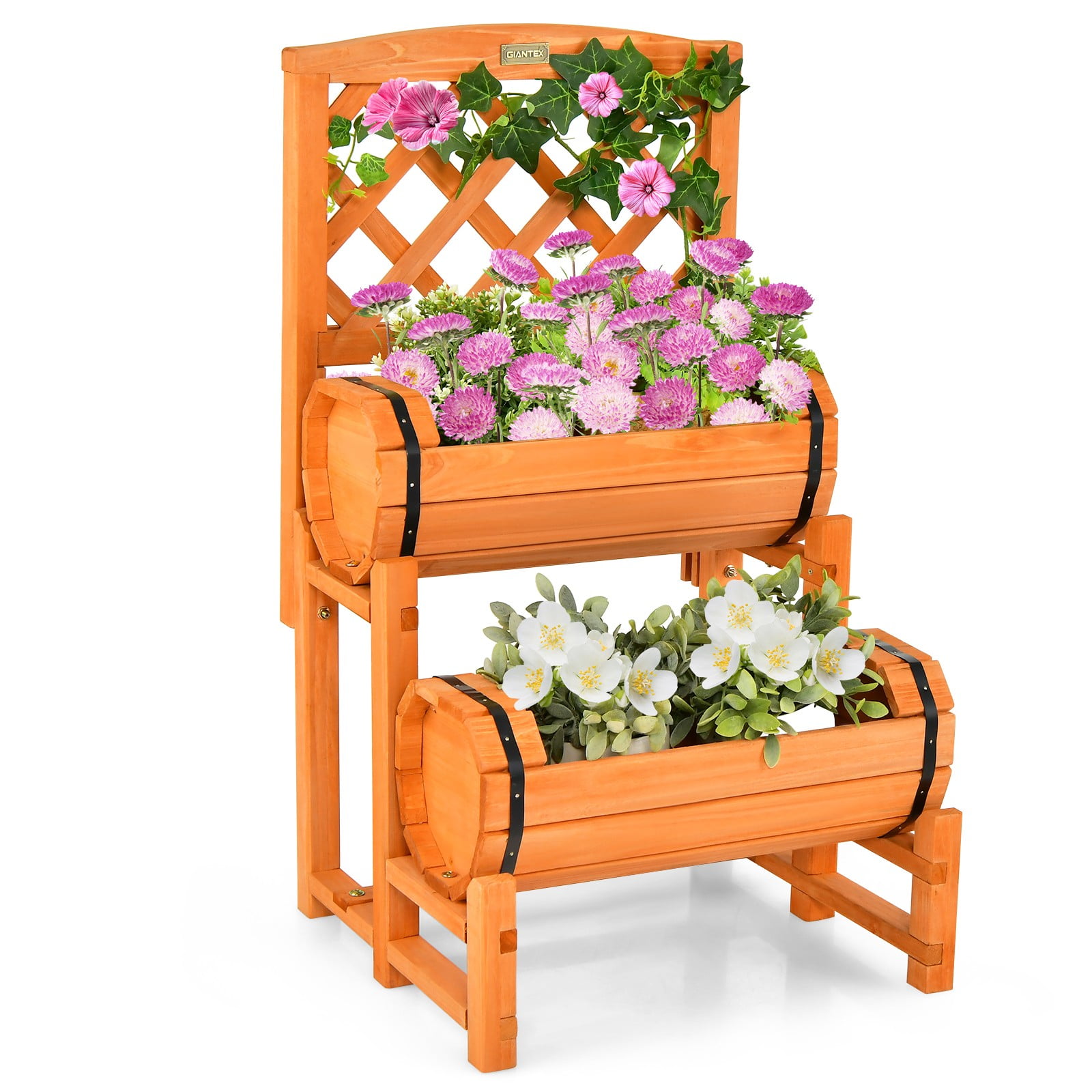 2-Tier Wooden Raised Garden Bed Container w/2 Cylindrical Planter Boxes ...
