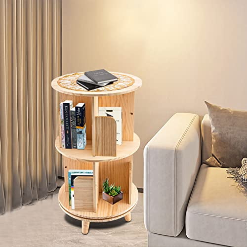 2-Tier Wooden Rotating Bookshelf, 360° Display Round Revolving Bookcase ...