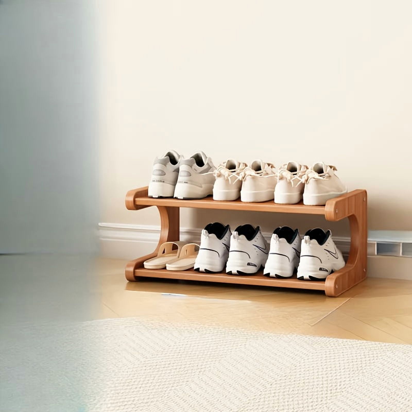 2-Tier Wooden Shoe Rack with Storage Boxes - Wood Grain Paint Entryway ...