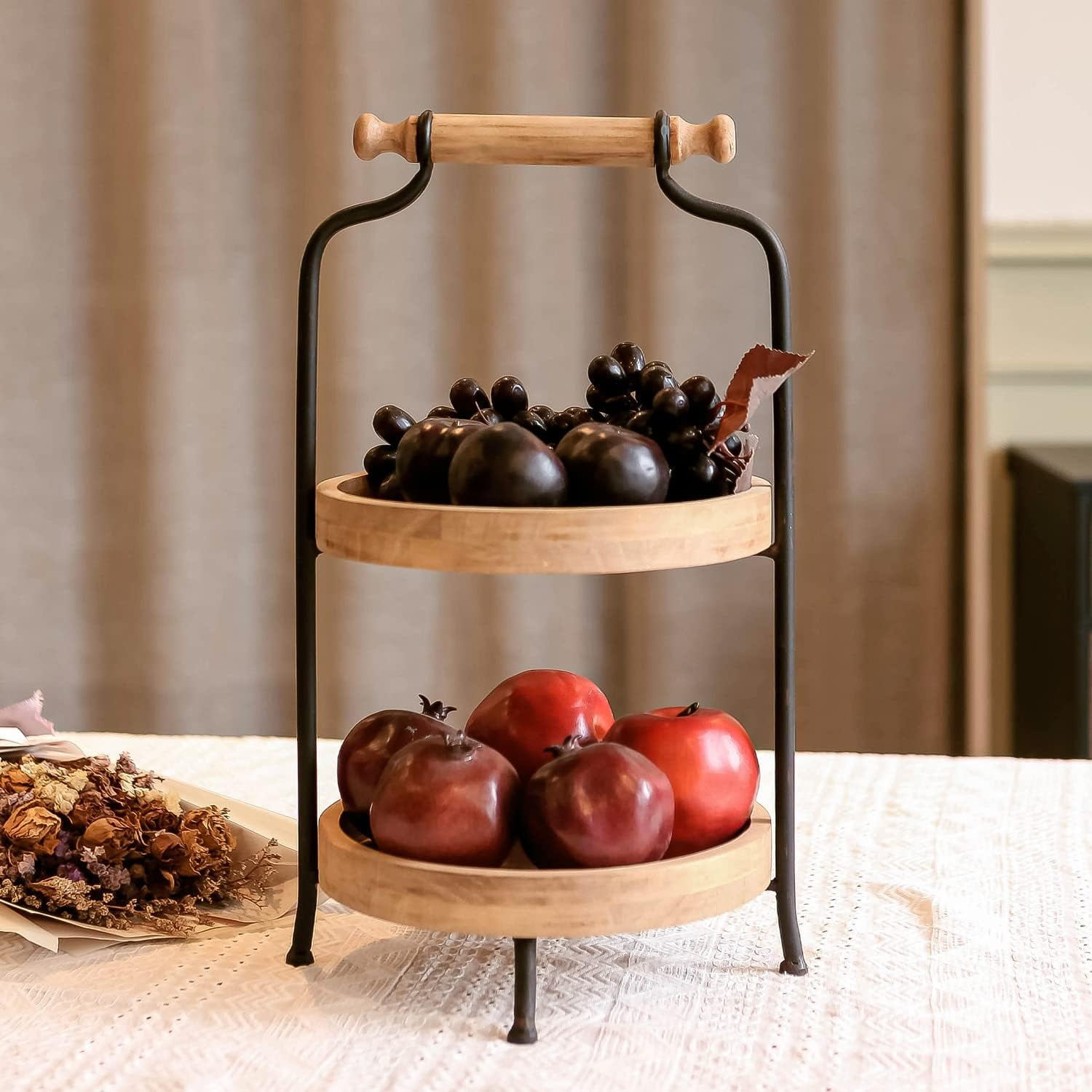 2 Tier Wooden Tray with Rolling Pin Shaped Handle, Round Decorative 2 ...