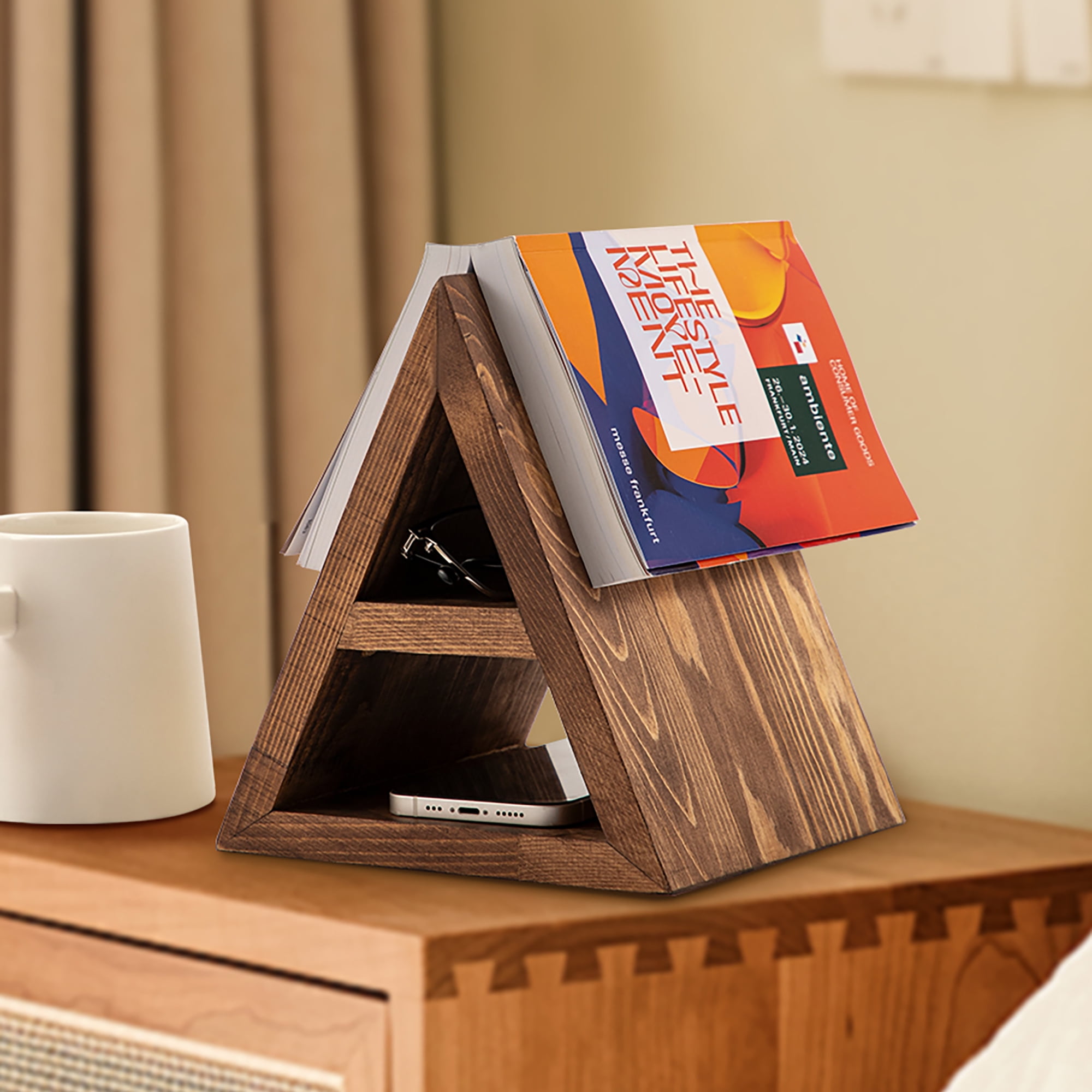 2-Tier Wooden Triangle Book Rest, Nightstand Book Holder For Book ...