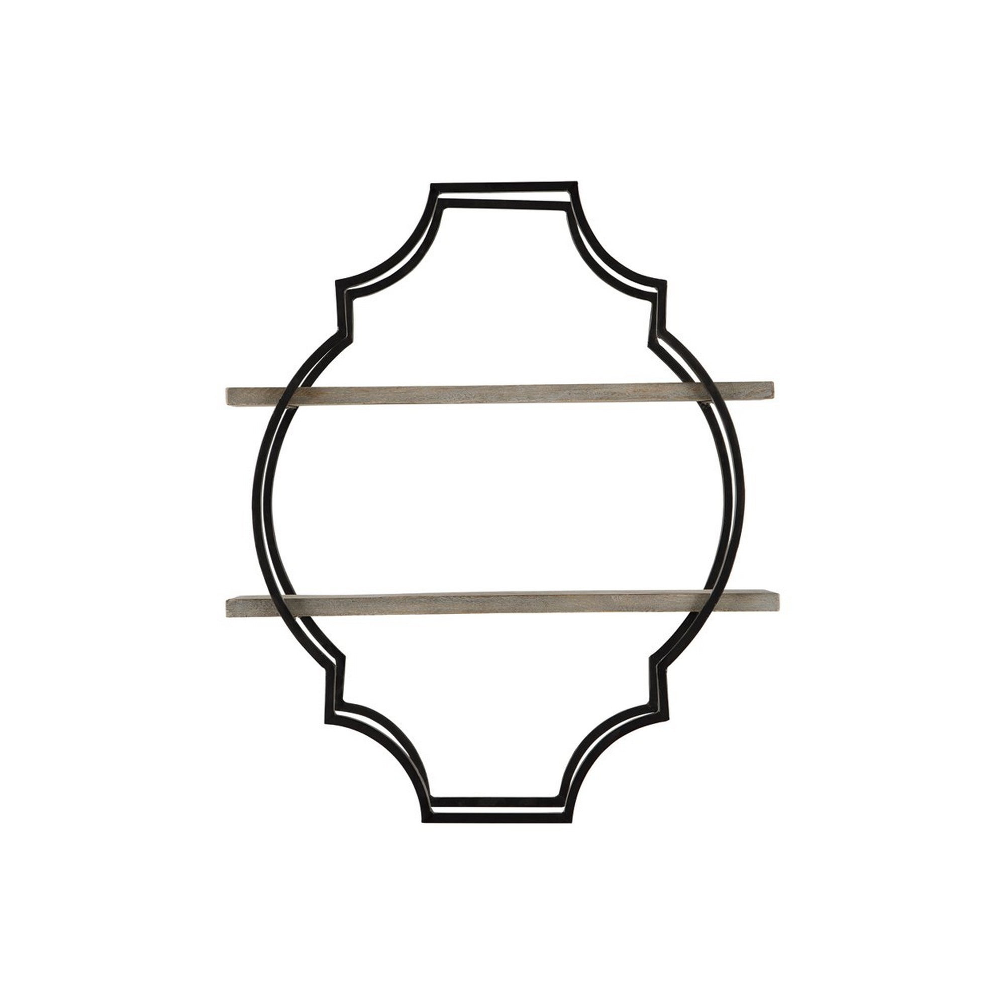 2 Tier Wooden Wall Shelf with Quatrefoil Design Open Metal Frame, Black ...