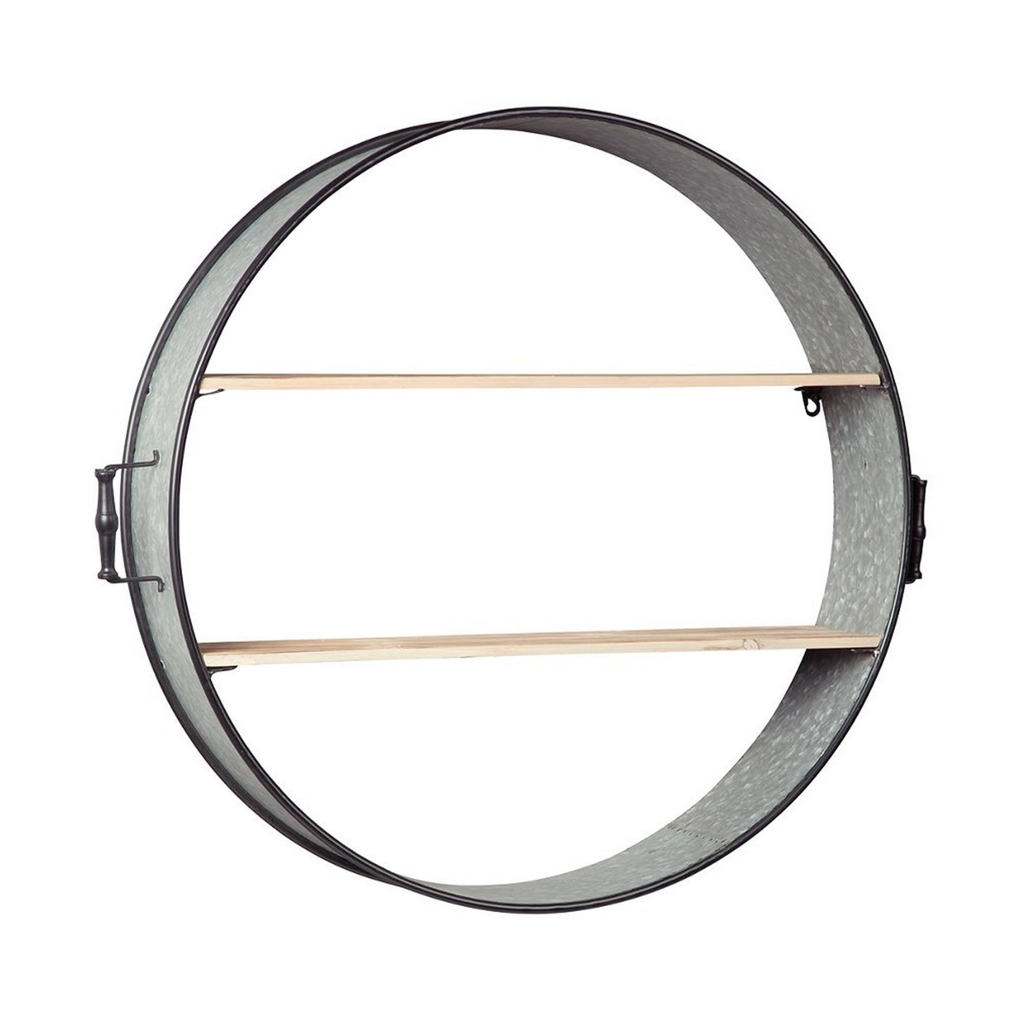 2 Tier Wooden Wall Shelf with Round Metal Frame and Side Handles, Gray ...