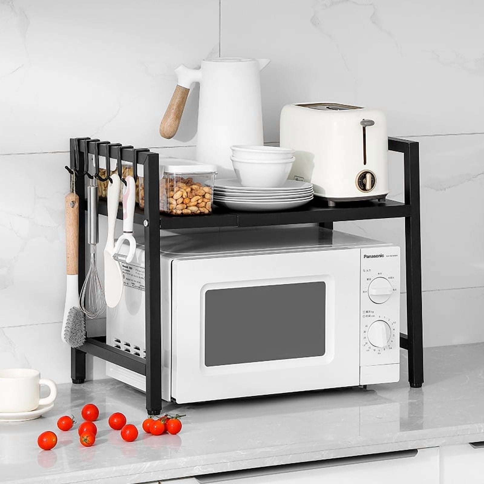 2-TierKitchen Microwave Oven Rack with 6 Hooks - Expandable Carbon ...