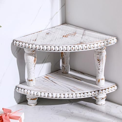 2 Tiered Corner Riser for Kitchen Counter Wood Beaded Corner Shelf ...