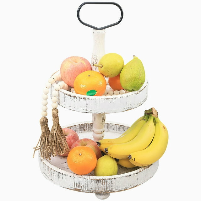 2 Tiered Tray Stand, Farmhouse Tiered Tray Stand with Metal Handle for ...