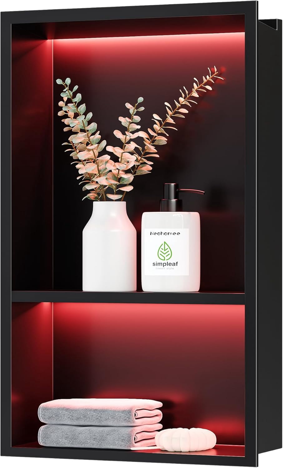 2-Tiers 12x18Inch Wall Niche with RGB LED Light Strips, Matte Black ...