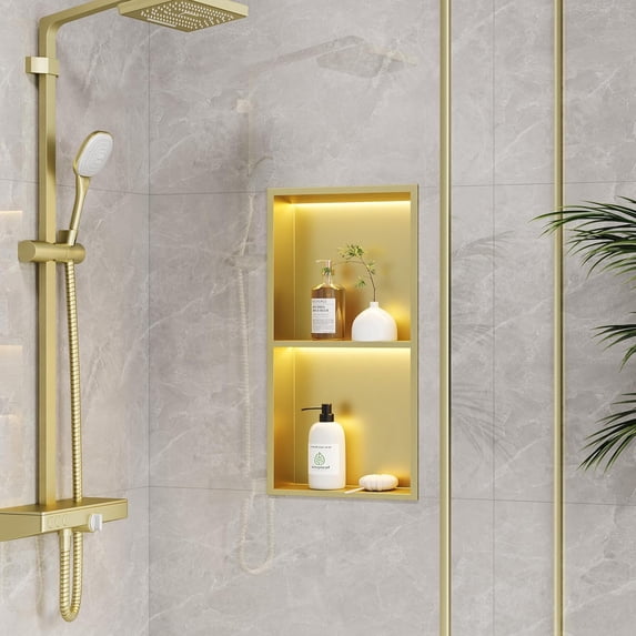 2-Tiers 12x24 Shower Niche with LED Light Strips Golden Recessed Wall ...