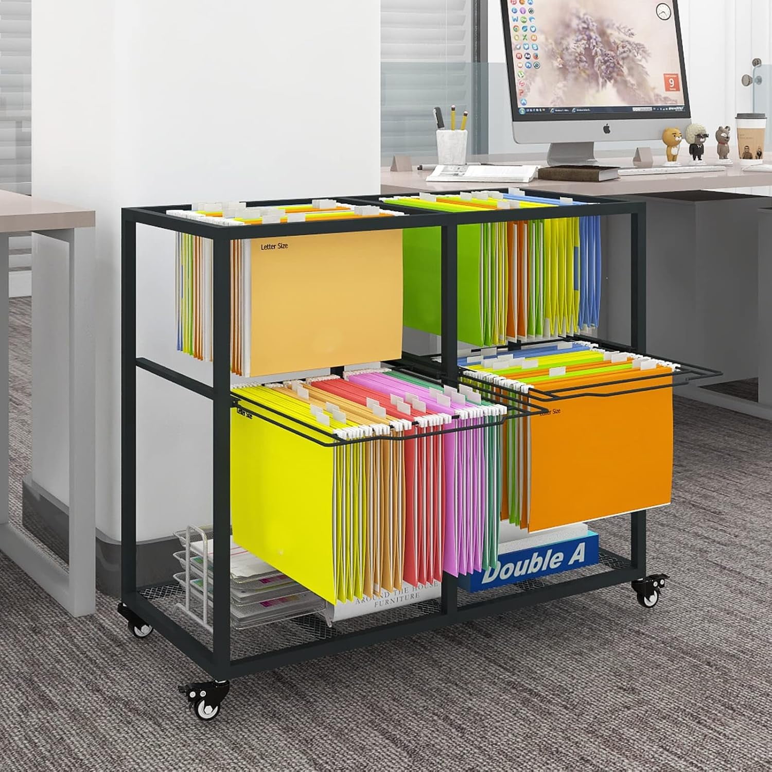 2 Tiers 2 Column Heavy Duty Metal Rolling File Carts with Wheels ...