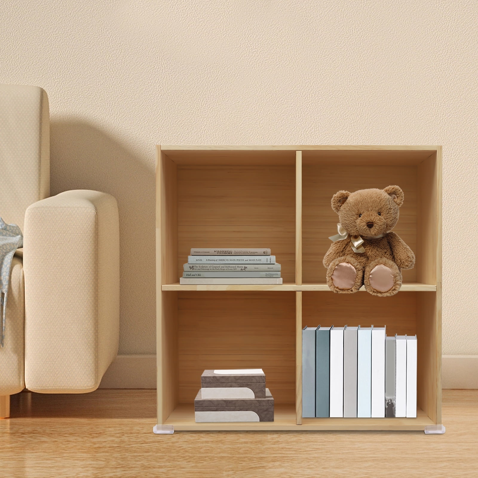 2 Tiers 4 Compartments Storage Shelf Bookcase-Solid Wood Cube Storage ...