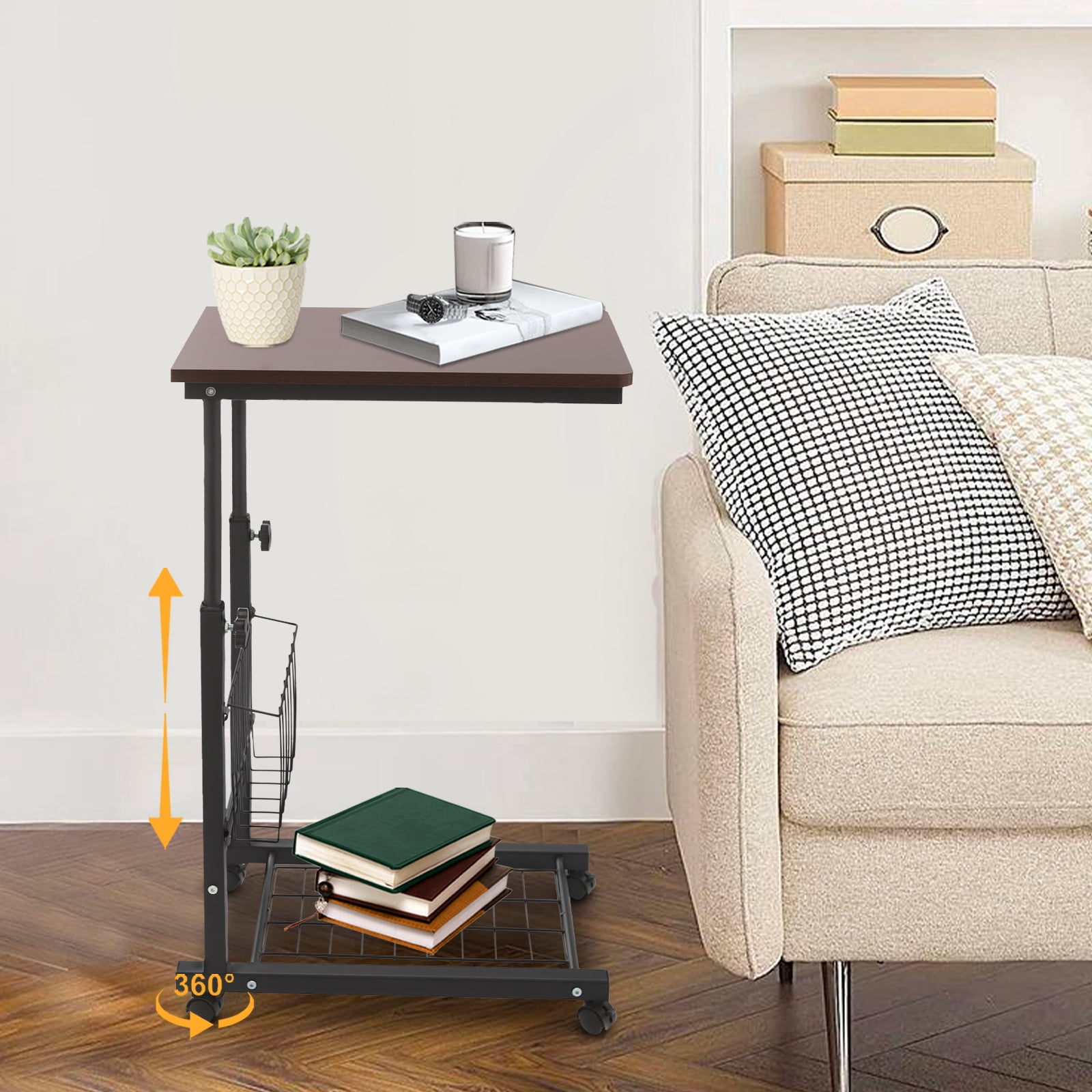 2 Tiers Adjustable Bed Side Table with Wheels, Mobile Standalone Table ...