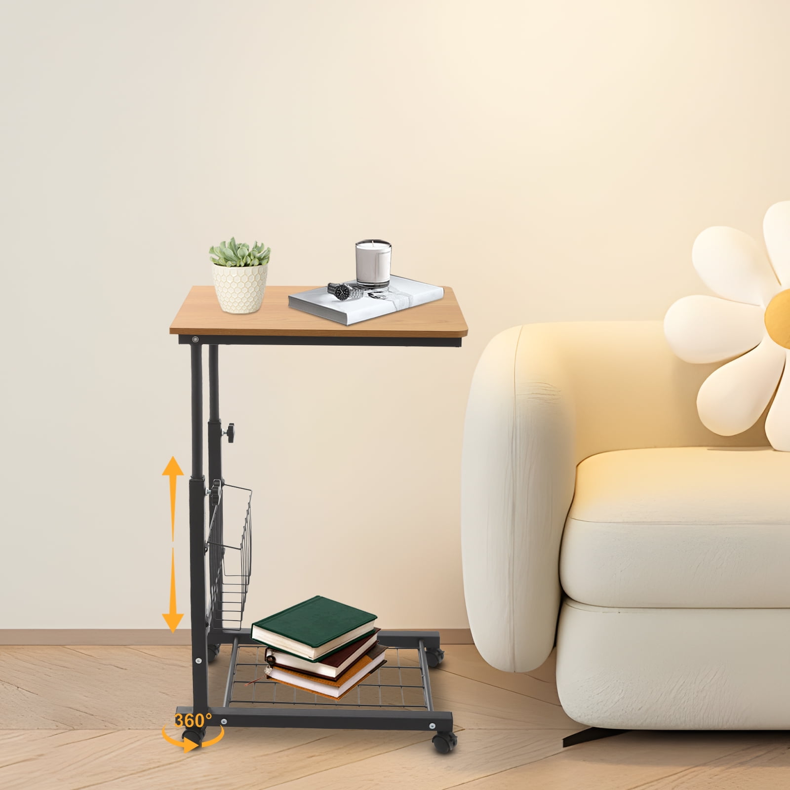 2 Tiers Adjustable Bed Side Table with Wheels, Mobile Standalone Table ...