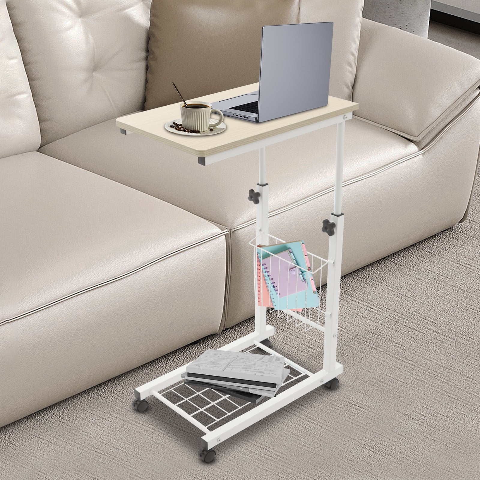 2 Tiers Adjustable Bed Side Table with Wheels, Mobile Standalone Table ...