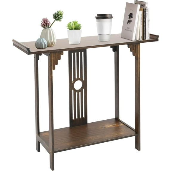 2 Tiers Bamboo Console Table, Narrow Hallway Sofa Table 32.7" H, Accent ...