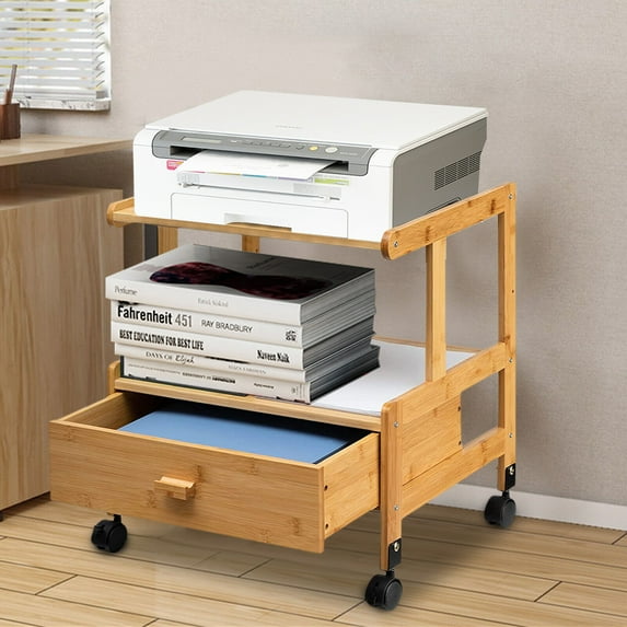 2 Tiers Bamboo Printer Stand with Wheels, Multi-Function Desk Organizer ...