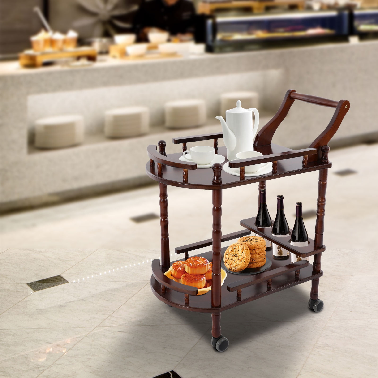 2 Tiers Bar Cart, Solid Wood Storage Rack with Bottle Rack, Home Bar ...