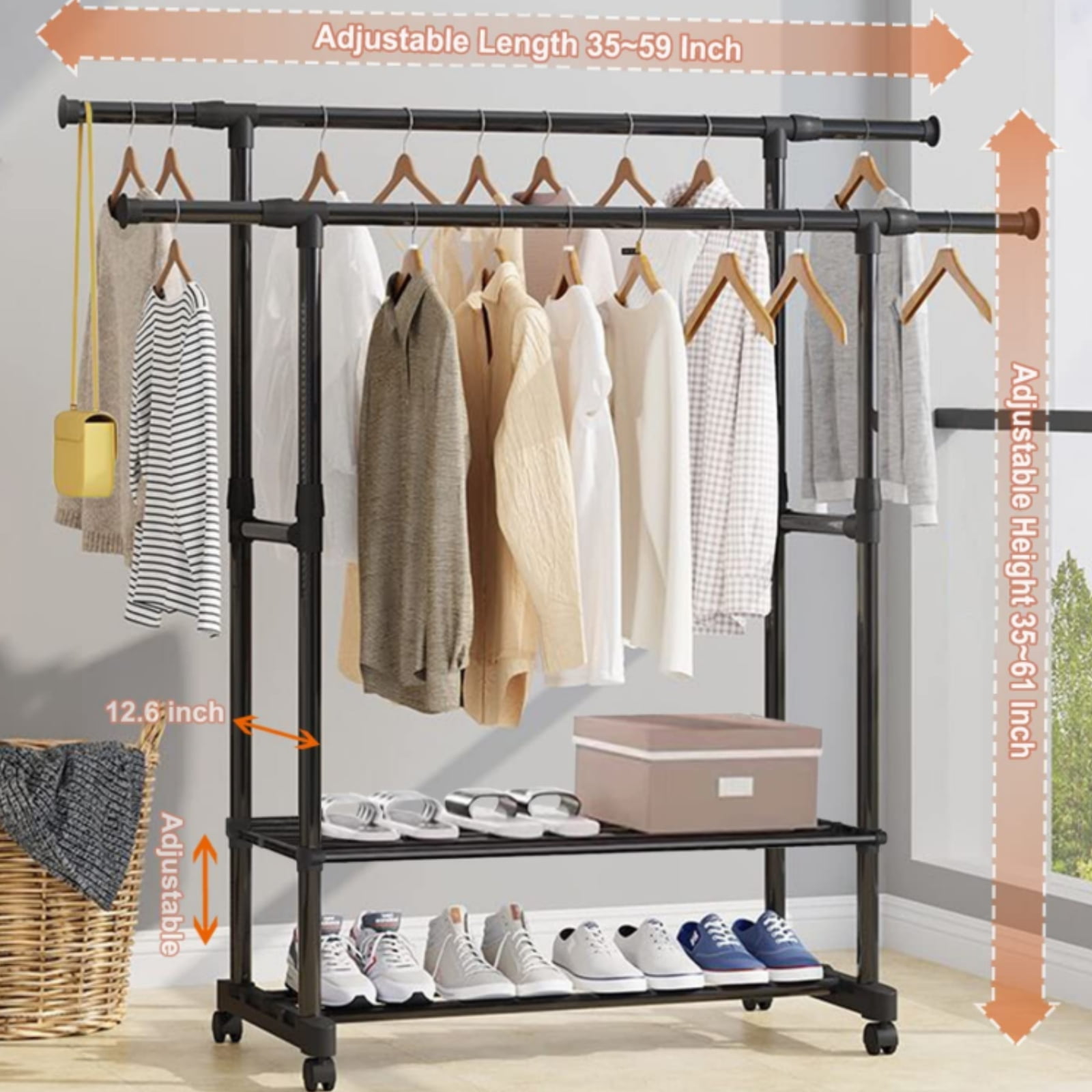 2 Tiers Clothes Rack, Double Rails Rolling Garment Rack, Clothes Rack ...