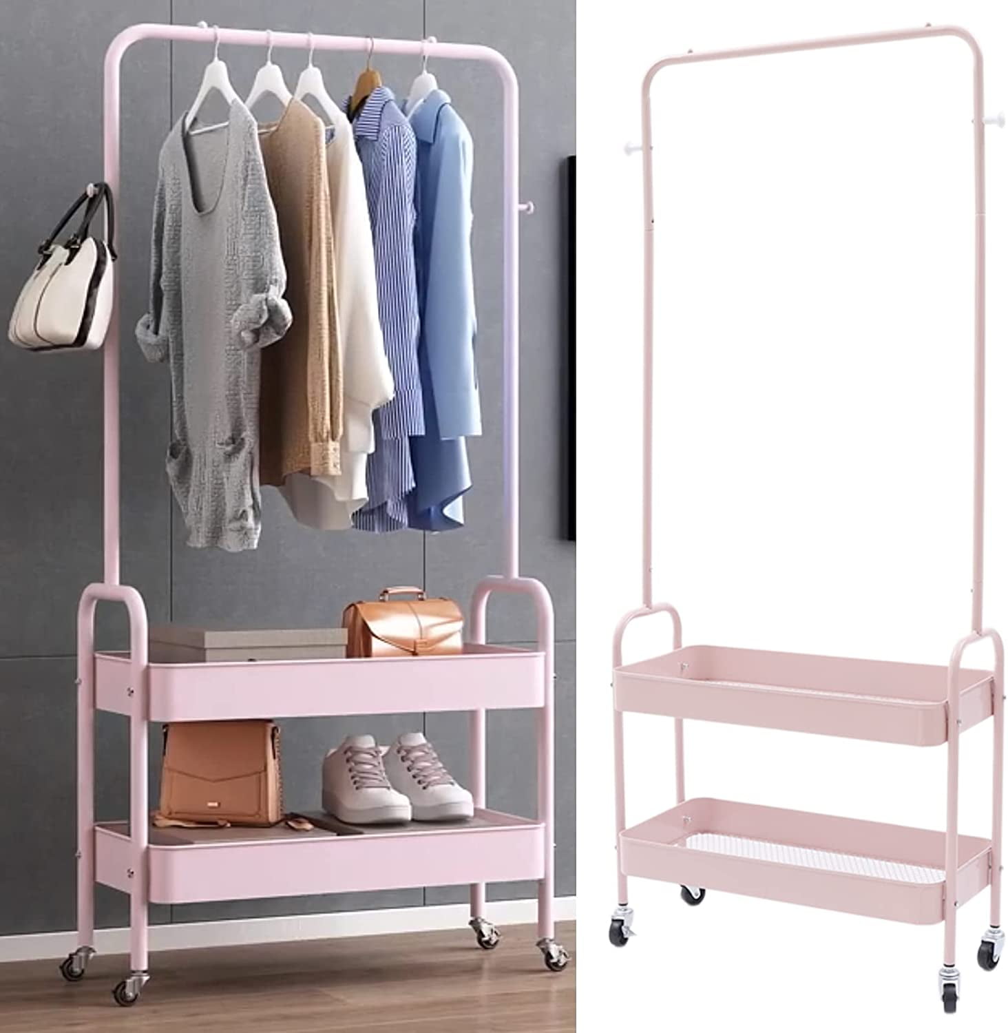 2-Tiers Clothes Rack Freestanding Clothing Garment Rack with Metal ...