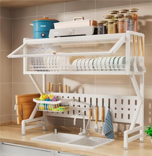 2 Tiers Dish Drying Rack with Door, Freestanding Dish Rack with Large ...