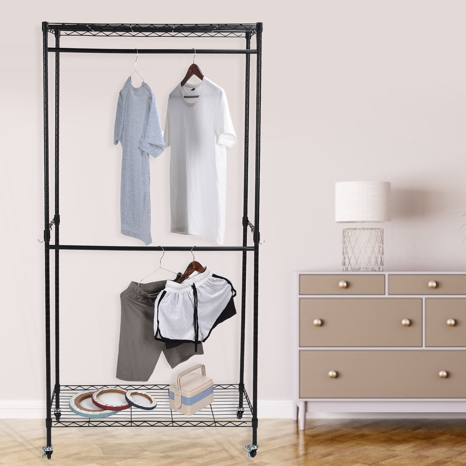 2-Tiers Double Hanging Rod Garment Rolling Closet Rack Shoes Shelf ...