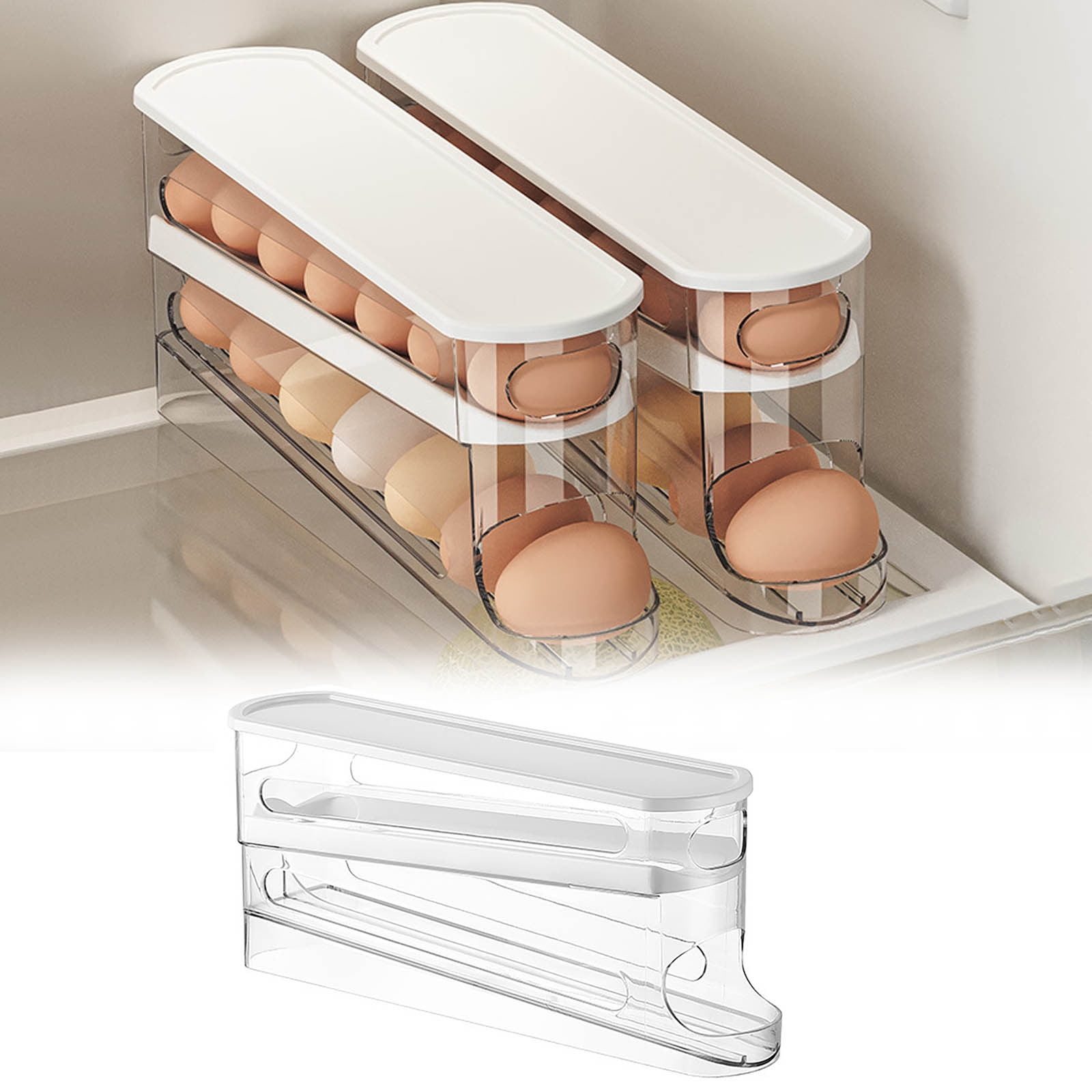 2 Tiers Eggs For Fridge Auto Rolling Fridge Eggs Organizer Space-Saving ...