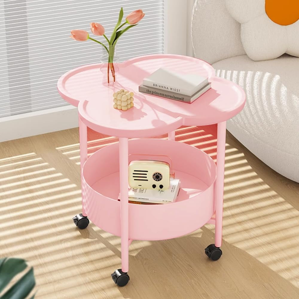 2 Tiers End Table with Rolling Wheels, TV Tray Couch Table Cart, Cream ...