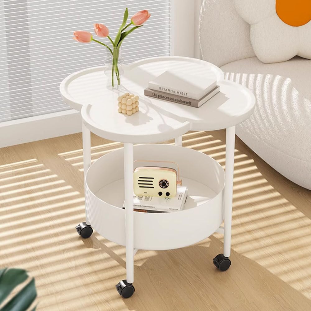 2 Tiers End Table with Rolling Wheels, TV Tray Couch Table Cart, Cream ...