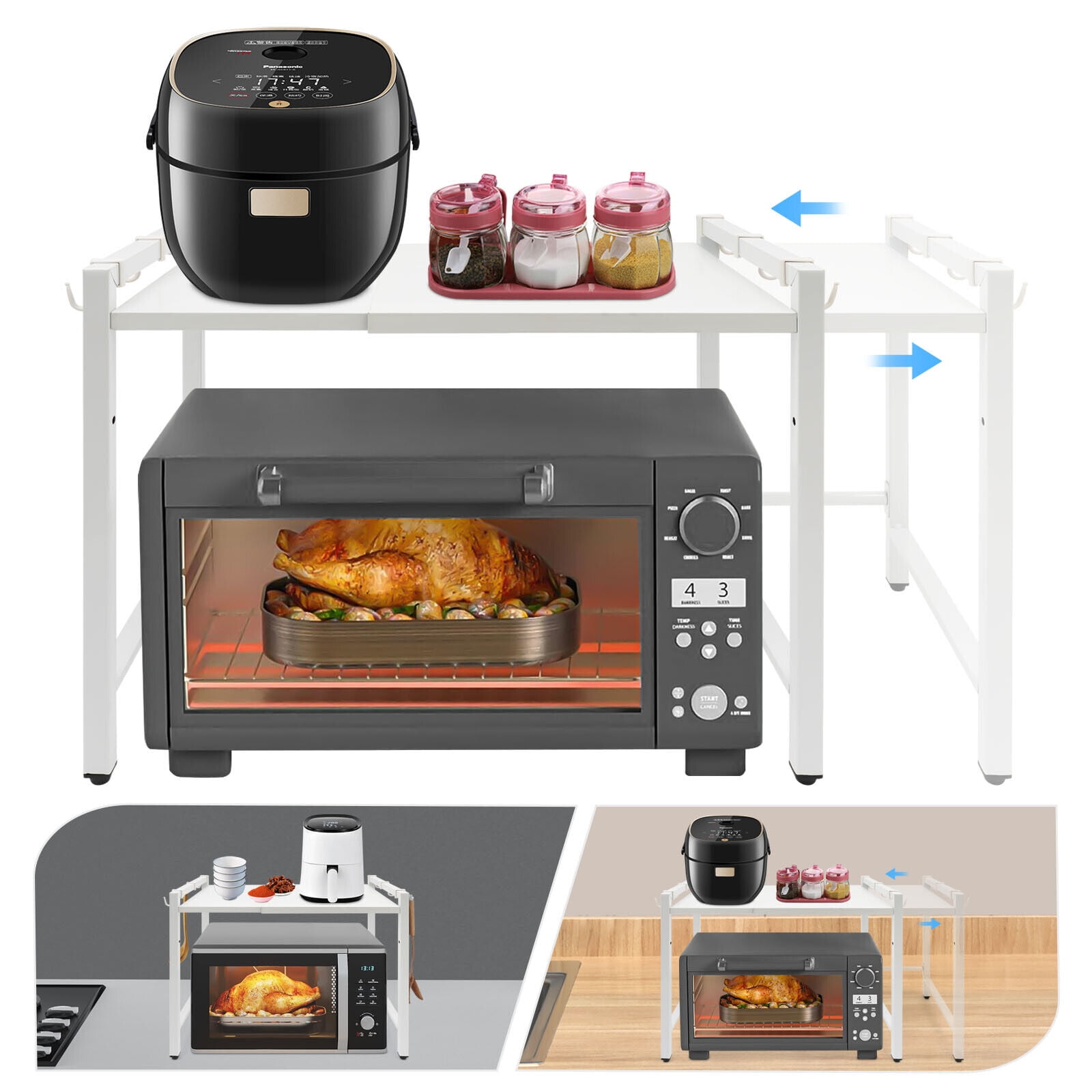 2 Tiers Extendable Microwave Oven Rack, White Kitchen Organizer Shelf ...