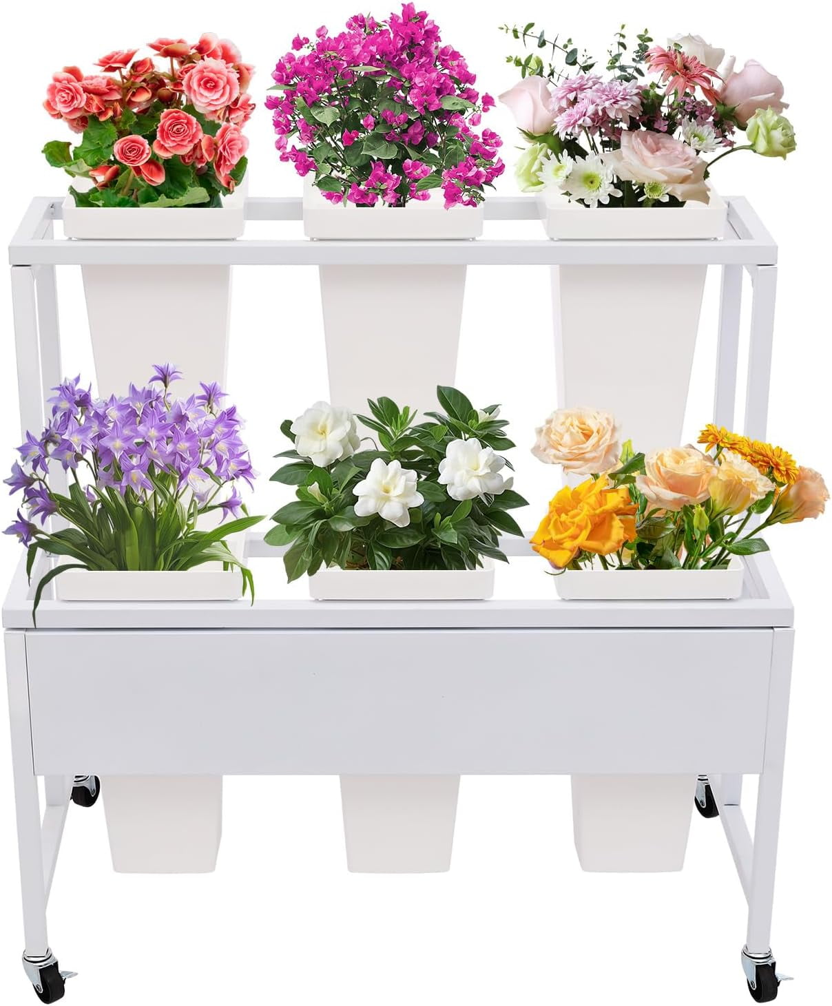 2 Tiers Flower Display Stand with 6 White Square Buckets Stand with ...