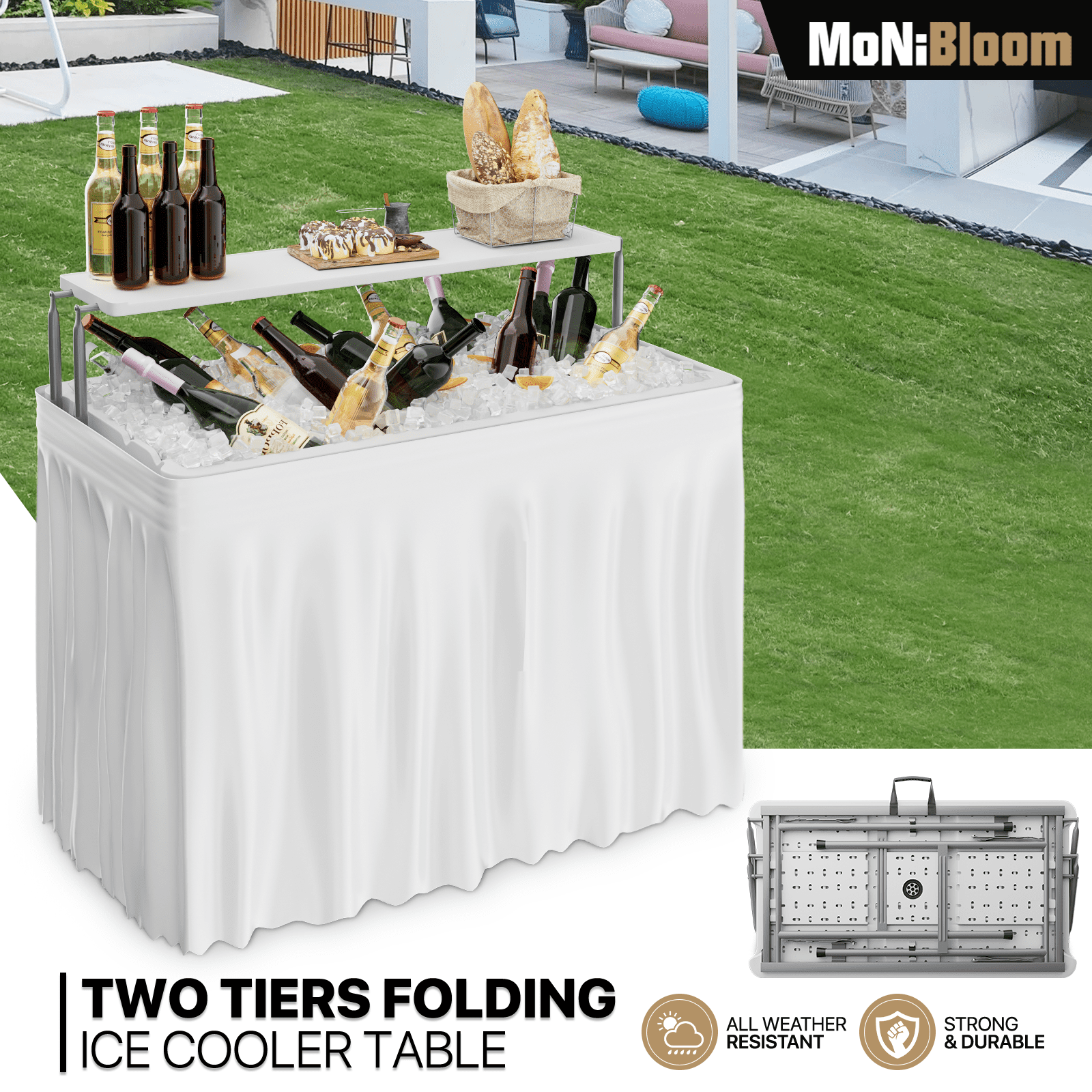 2 Tiers Folding Ice Cooler Picnic Table Detachable White Skirt Party ...
