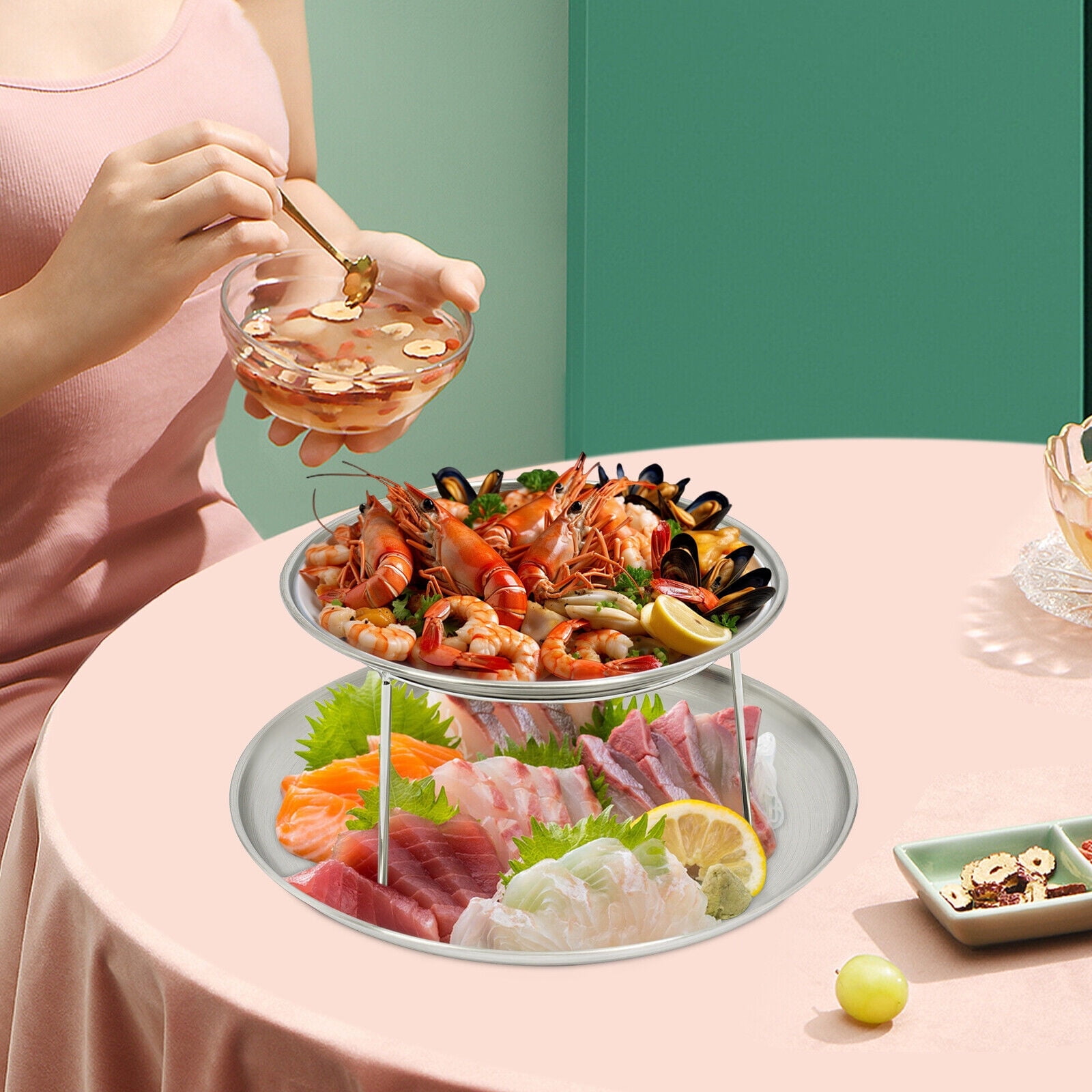 2 Tiers Food Serving Riser Seafood Plate Round Plate Rack Silver Tray ...