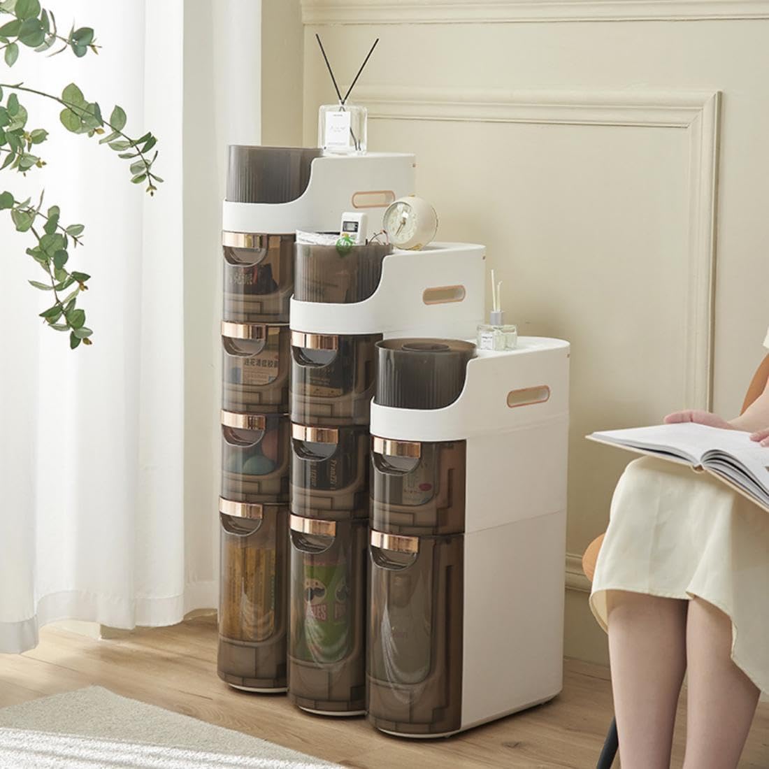 2 Tiers Freestanding Narrow Storage Cabinet with Wheels, Bathroom Floor ...