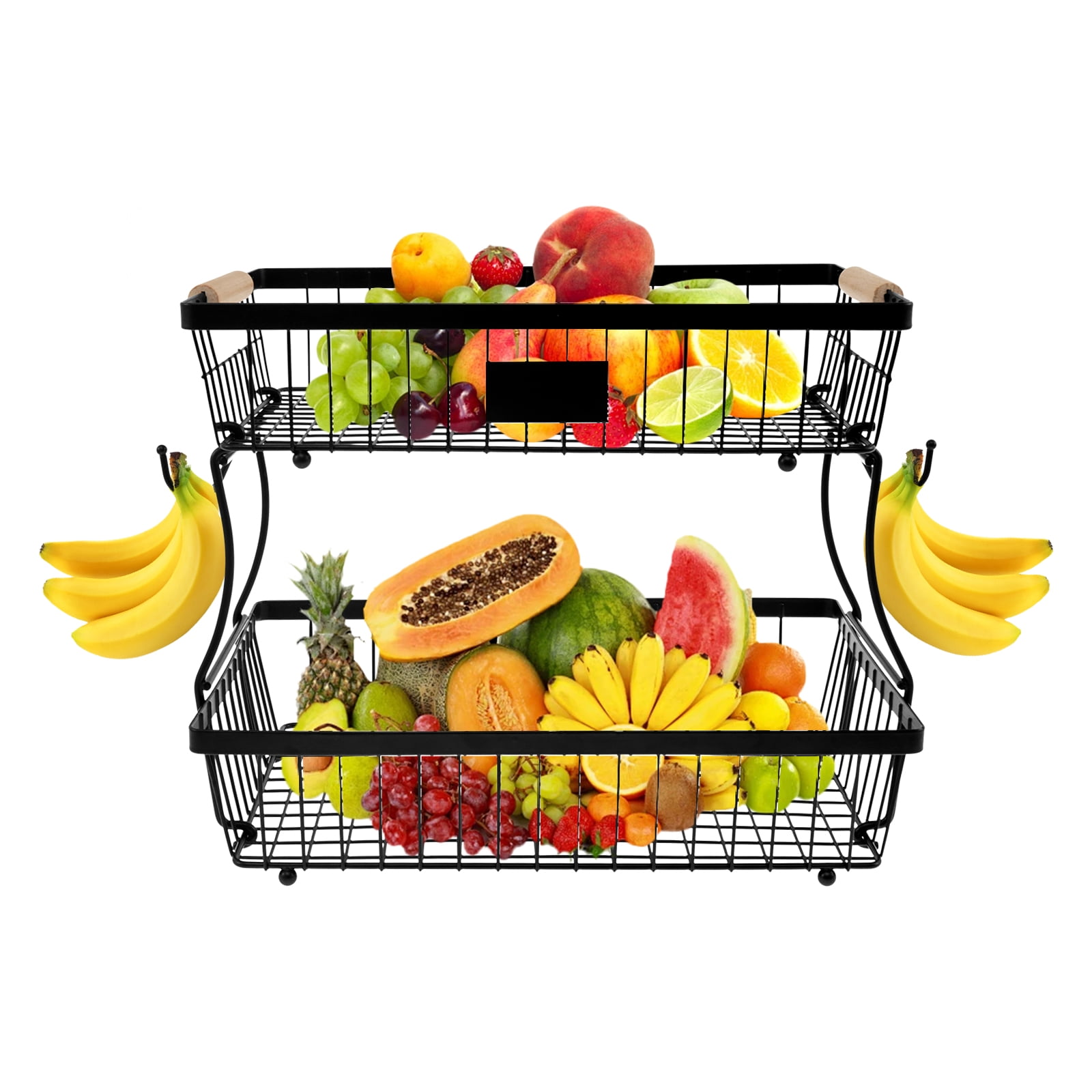 2 Tiers Fruit Basket with 2 Banana Hangers and Wood Handles Detachable ...