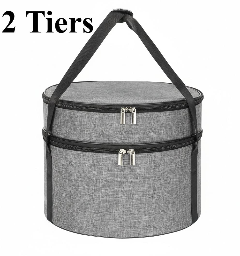 2 Tiers Grey Insulated Casserole Carrier, Round Pie Carrier with Metal ...