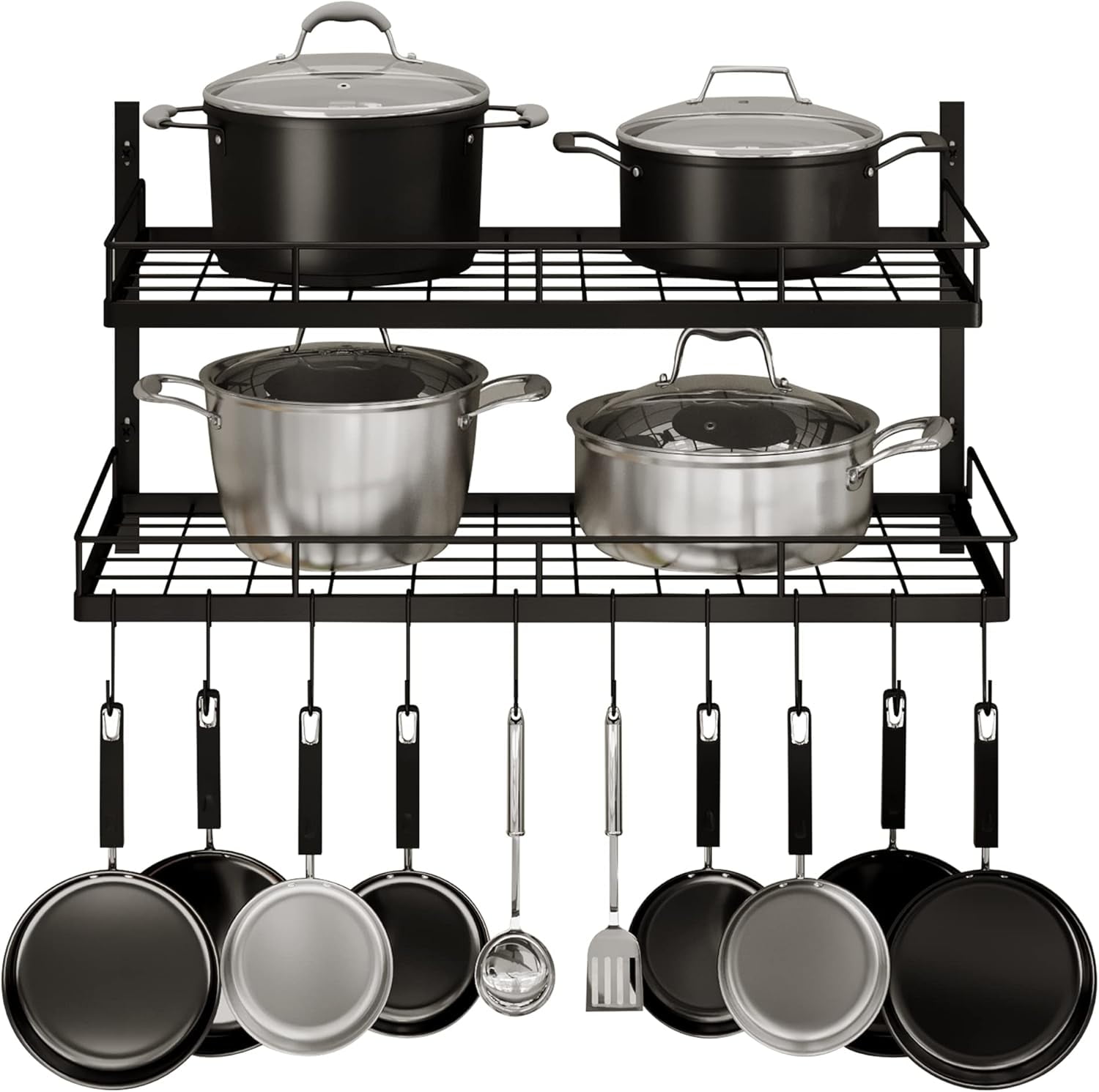 2 Tiers Hanging Pot Rack Wall Mounted, Large Weight Capacity Pots and ...