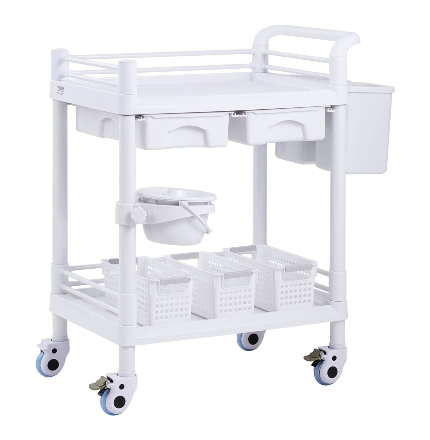 2 Tiers Lab Carts Mobile Medical Cart 2 Trays 2 Drawers 3 Trash Cans White, Trolley Storage Cart ...