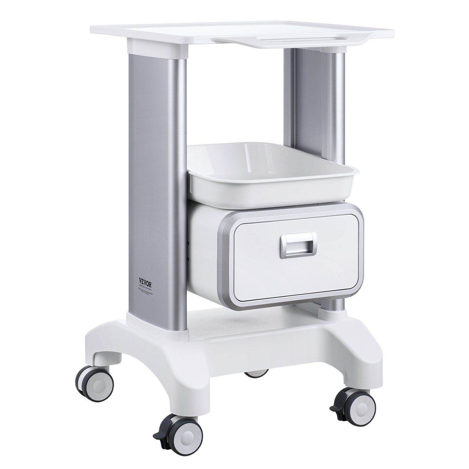 2 Tiers Lab Carts Mobile Medical Cart with 1 Drawer & 1 Top Tray White ...