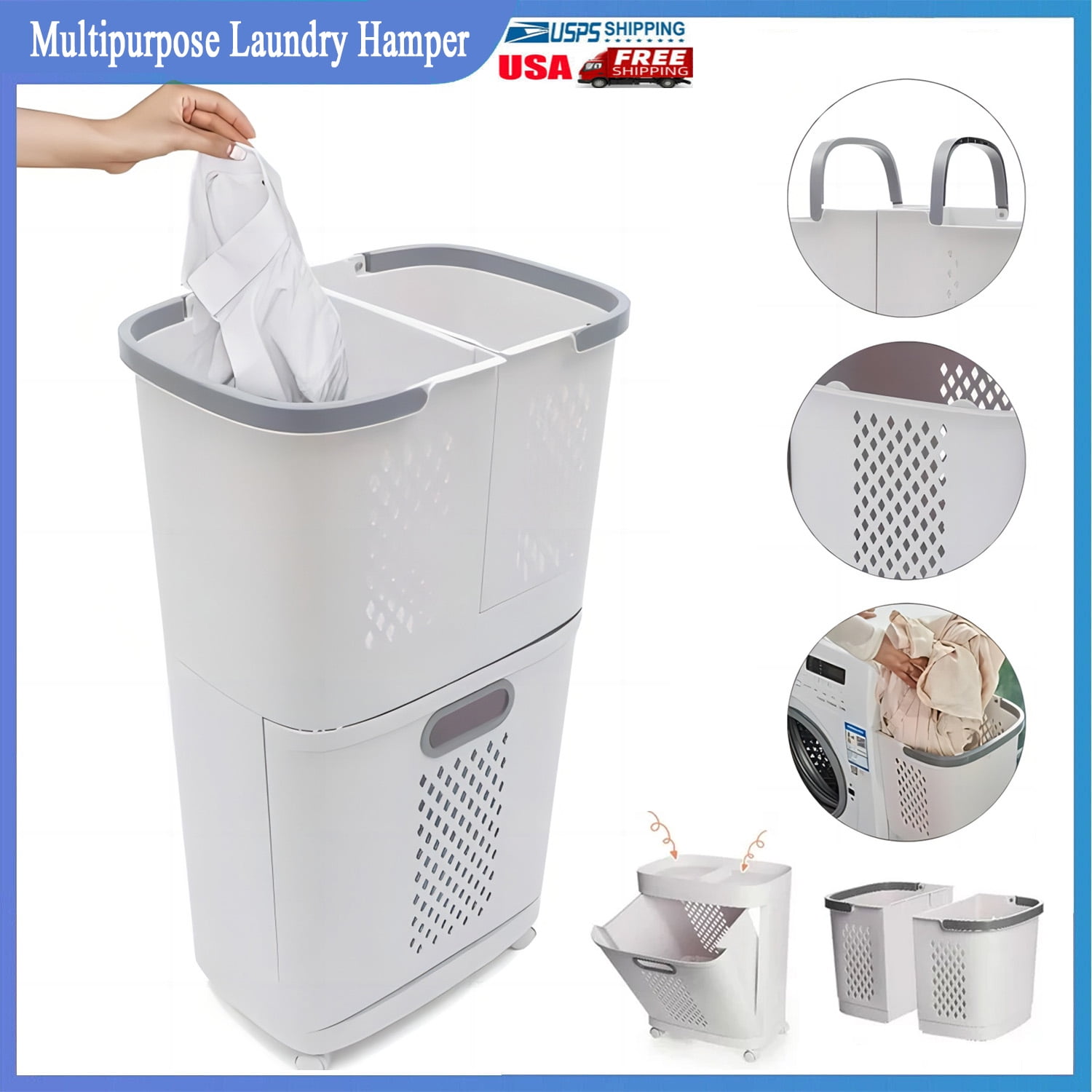 2 Tiers Laundry Basket with Wheels, Household Plastic Clothes Hamper ...