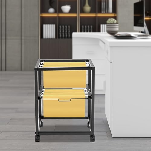 2 Tiers Metal Rolling File Carts with Lockable Wheels, Movable Pull-Out ...