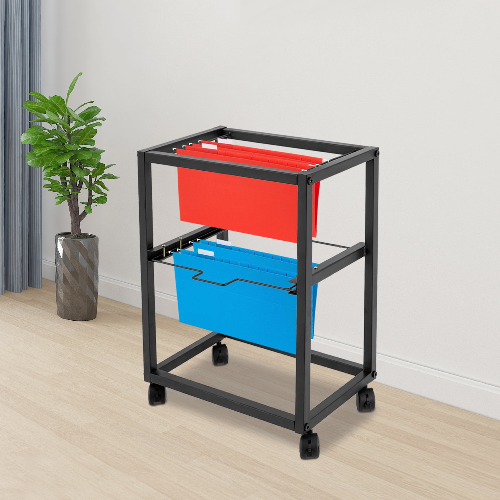 2 Tiers Metal Rolling File Carts with Wheels Hanging Files Movable Pull ...