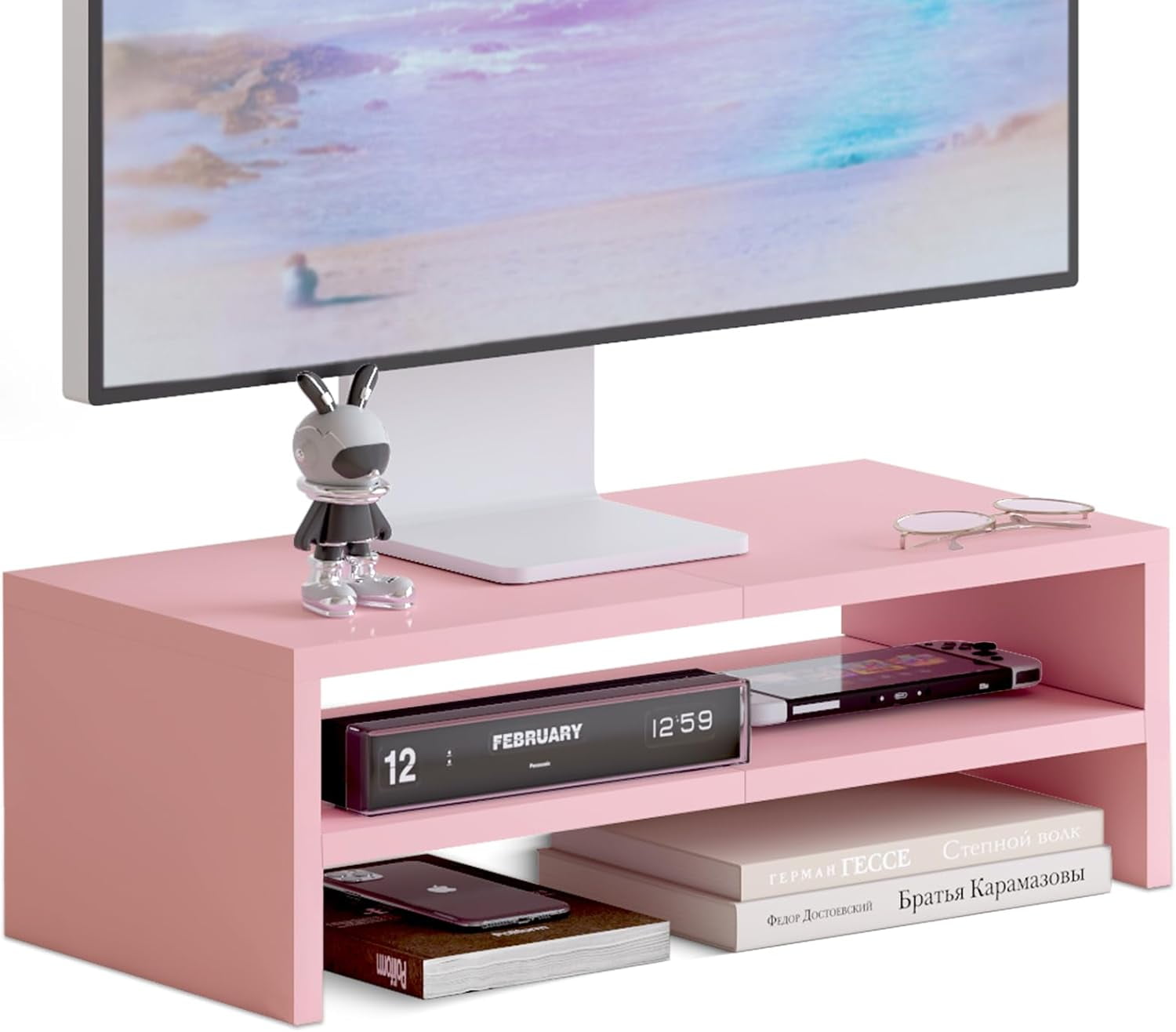 2 Tiers Pink Monitor Stand Riser, Desktop Stand with Keyboard Storage ...
