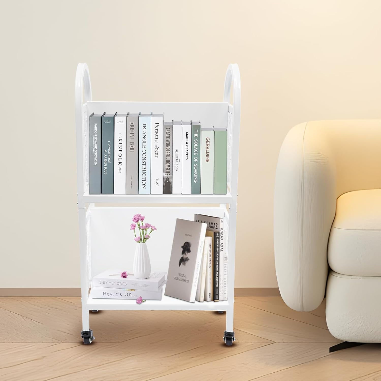 2 Tiers Rolling Book Cart with Handle, Rolling Utility Cart Mobile Book ...