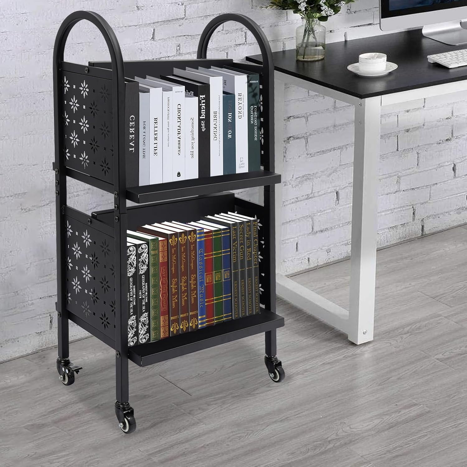 2 Tiers Rolling Utility Cart with Handle, Rolling Book Cart Movable ...