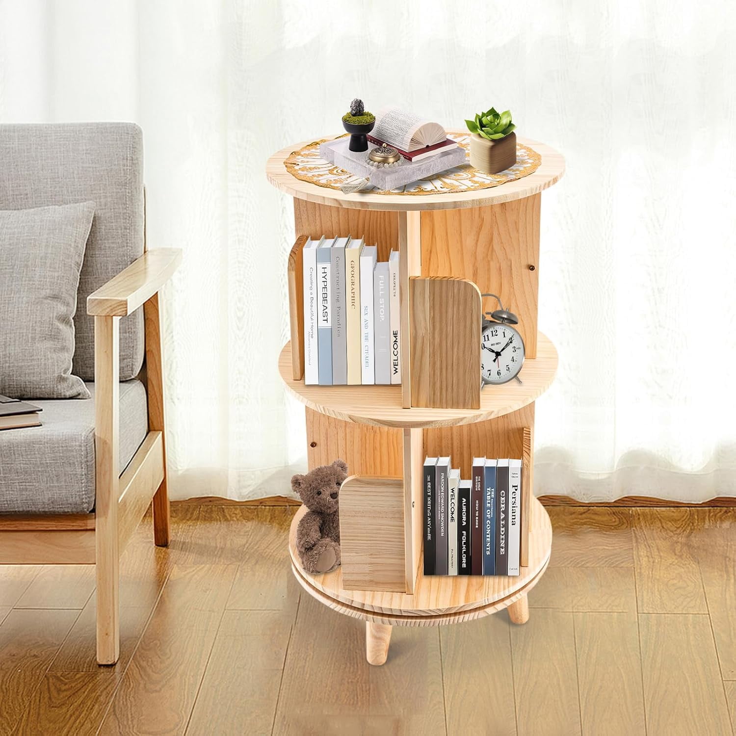 2 Tiers Rotating Bookshelf, 360° Display Floor Standing Bookcase Wooden ...