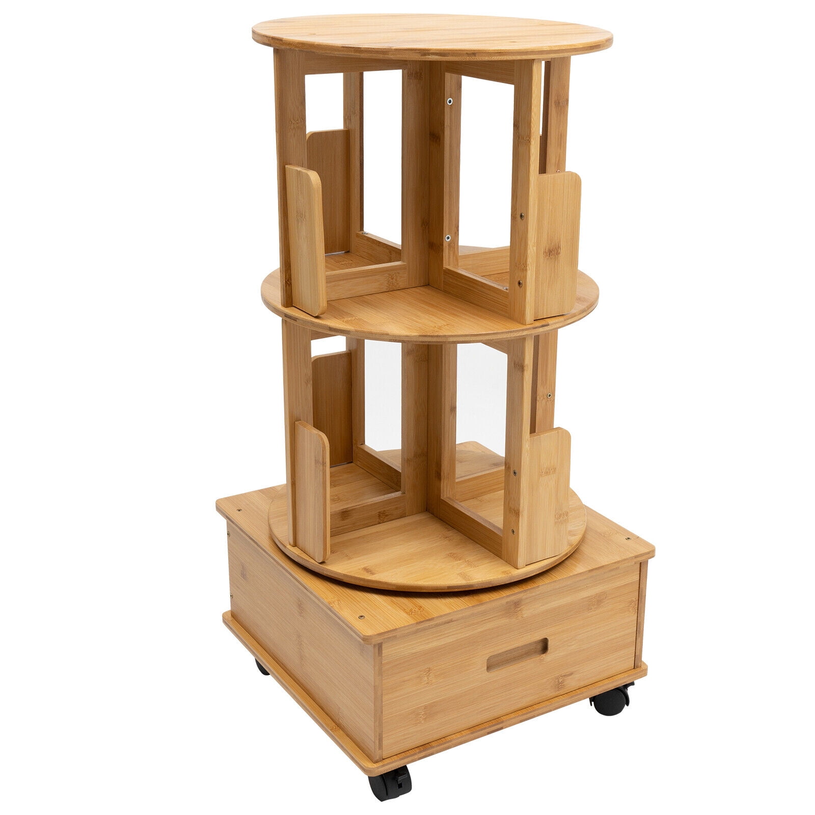 2 Tiers Rotating Bookshelf, Round Bed Side Bamboo Nightstand, 360 ...