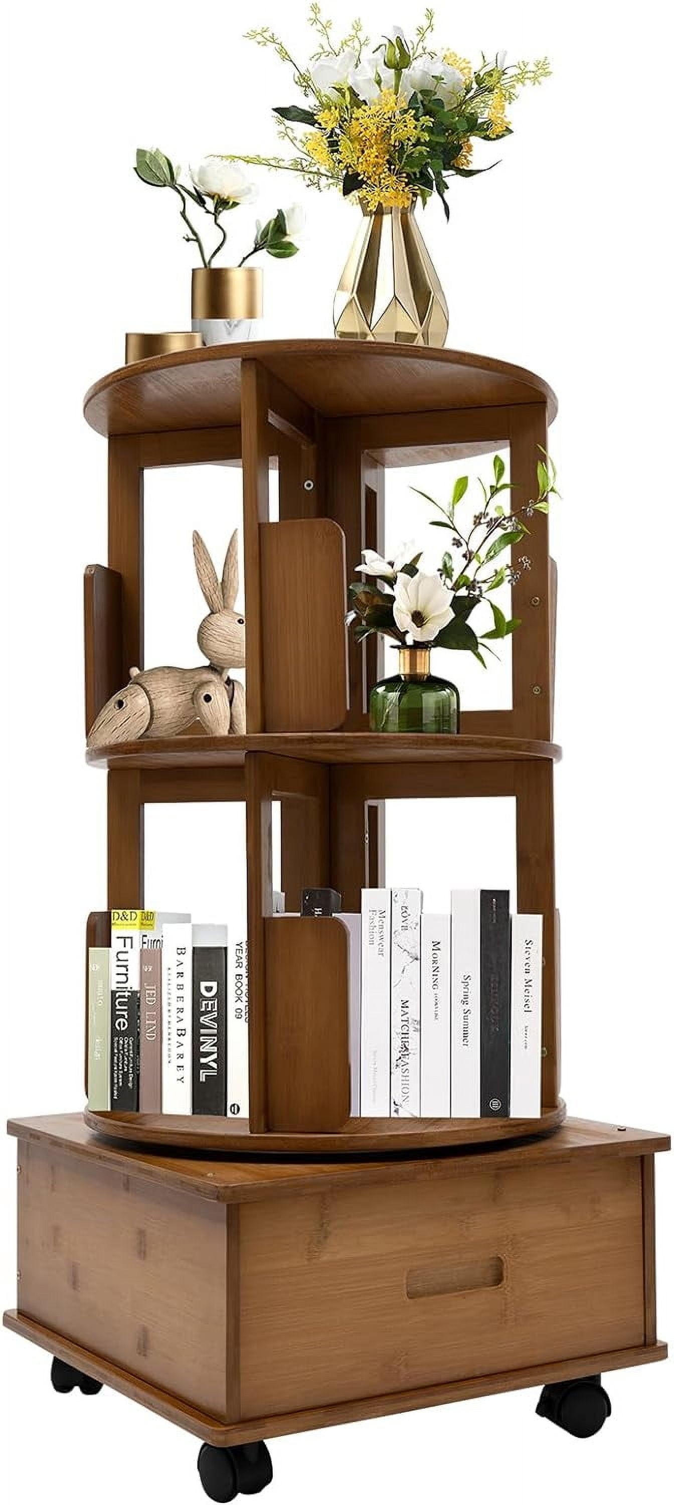 2 Tiers Rotating End Table, Bamboo Round Storage Table Side Table with ...